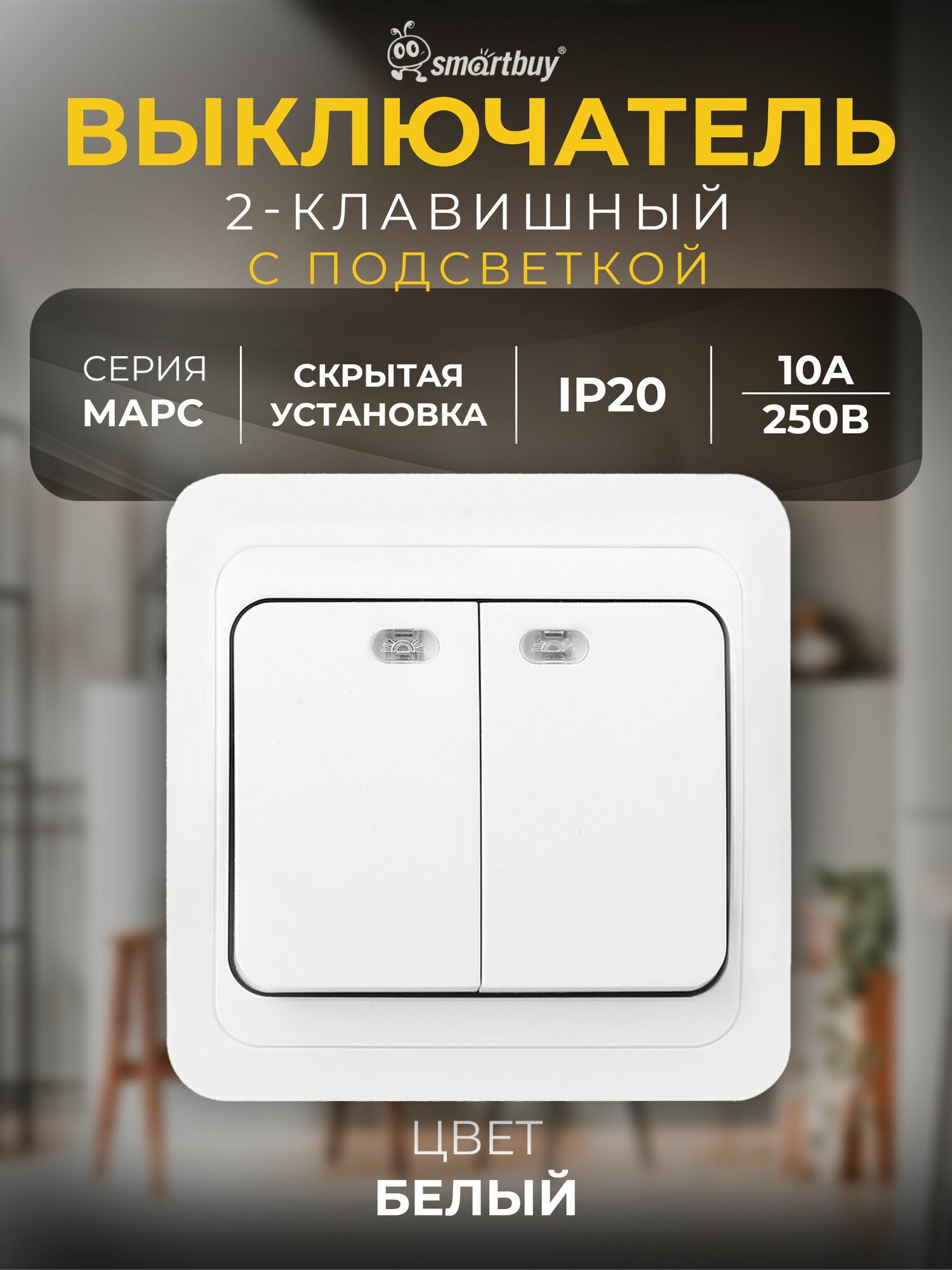 Выключатель Smartbuy 2-клавишный с индикатором 10А, керамика "Марс" (SBE-02w-10-SW2-1-c), белый