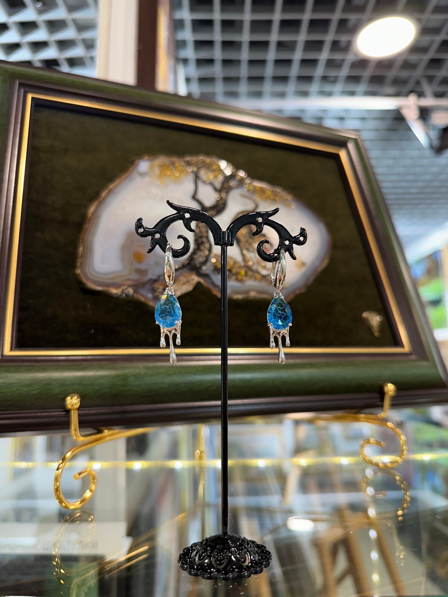 Серьги с подвесками Jewellery by Marina Orlova, стекло, размер 45 мм, голубой — фото 1
