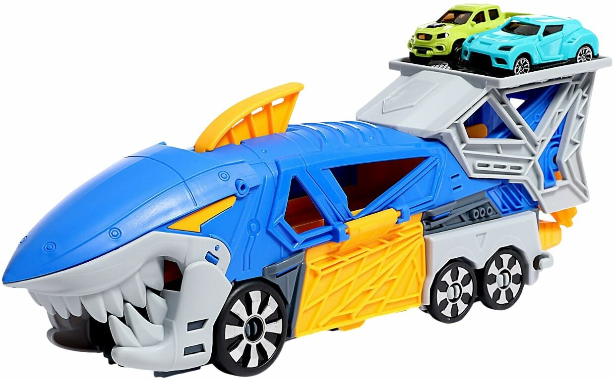 Перевозчик - парковка детская "Акула", в наборе 2 машинки, автовоз с катапультой и горкой, с подвижными деталями
