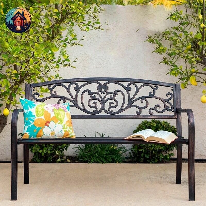 Садовая скамейка со спинкой 130x90x60cм металлической мебели для дачи сада дома. Медный цвет