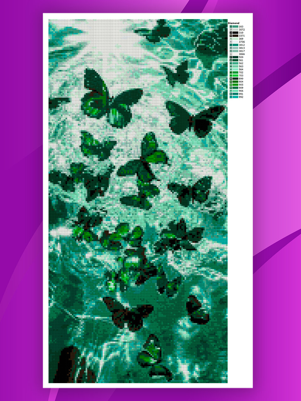 Алмазная мозаика без подрамника - вышивка Изумрудные бабочки 30 х 60 см