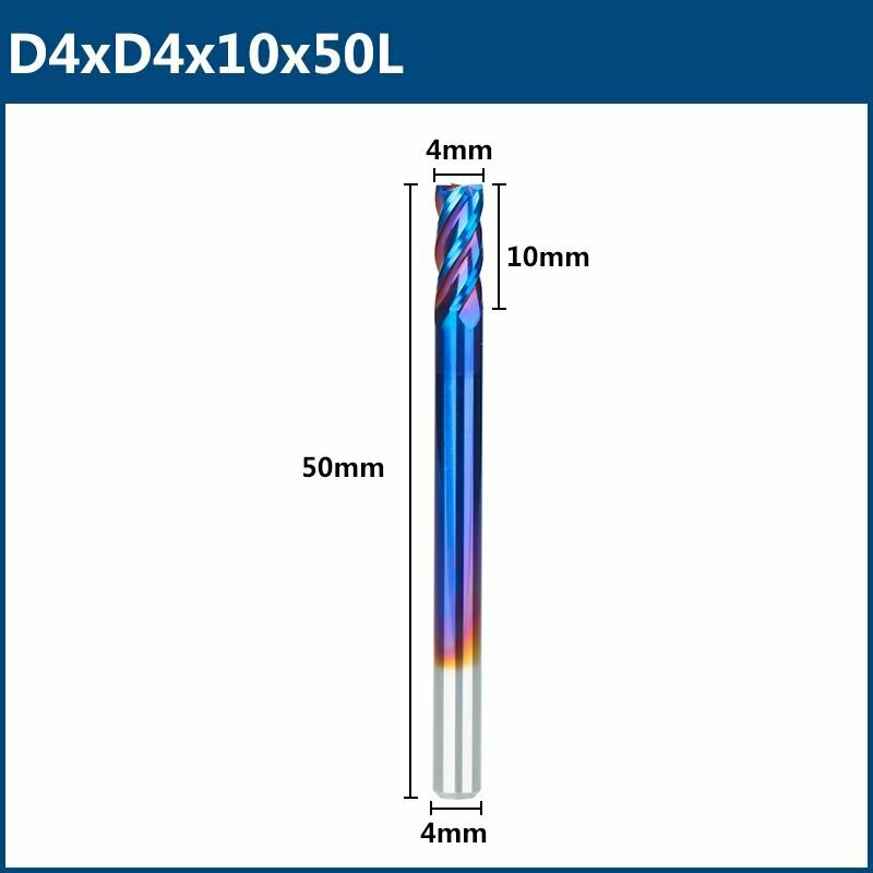 Фреза спиральная четырехзаходная XCAN 4х4х10х50мм, по металлу, с нано-синим покрытием