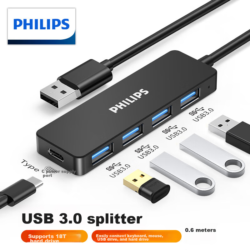 Philips USB Hub 3.0, High-Speed Expansion 4-Port Hub, Laptop Five-In Adapter, Extension Cable, Type-C Power Port, 0.6 Meters