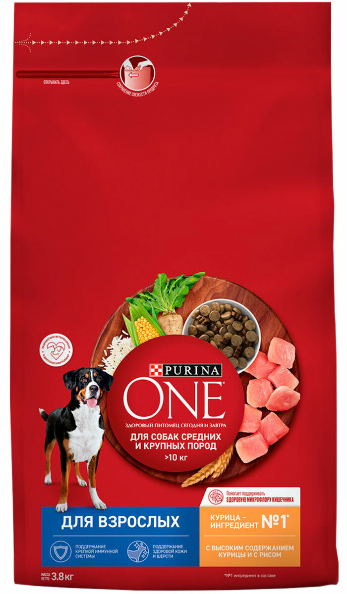 PURINA ONE для взрослых собак средних и крупных пород с курицей и рисом (3,8 кг)