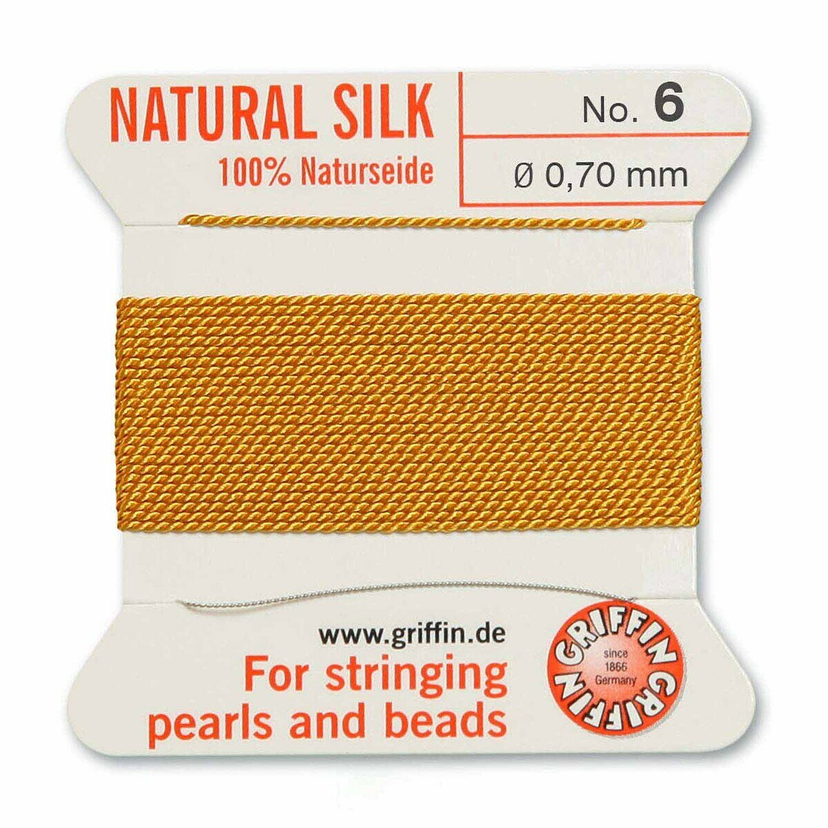 Нить шелковая, Griffin No.6 (0.7мм), янтарная, с иглой, моток, 2 метра