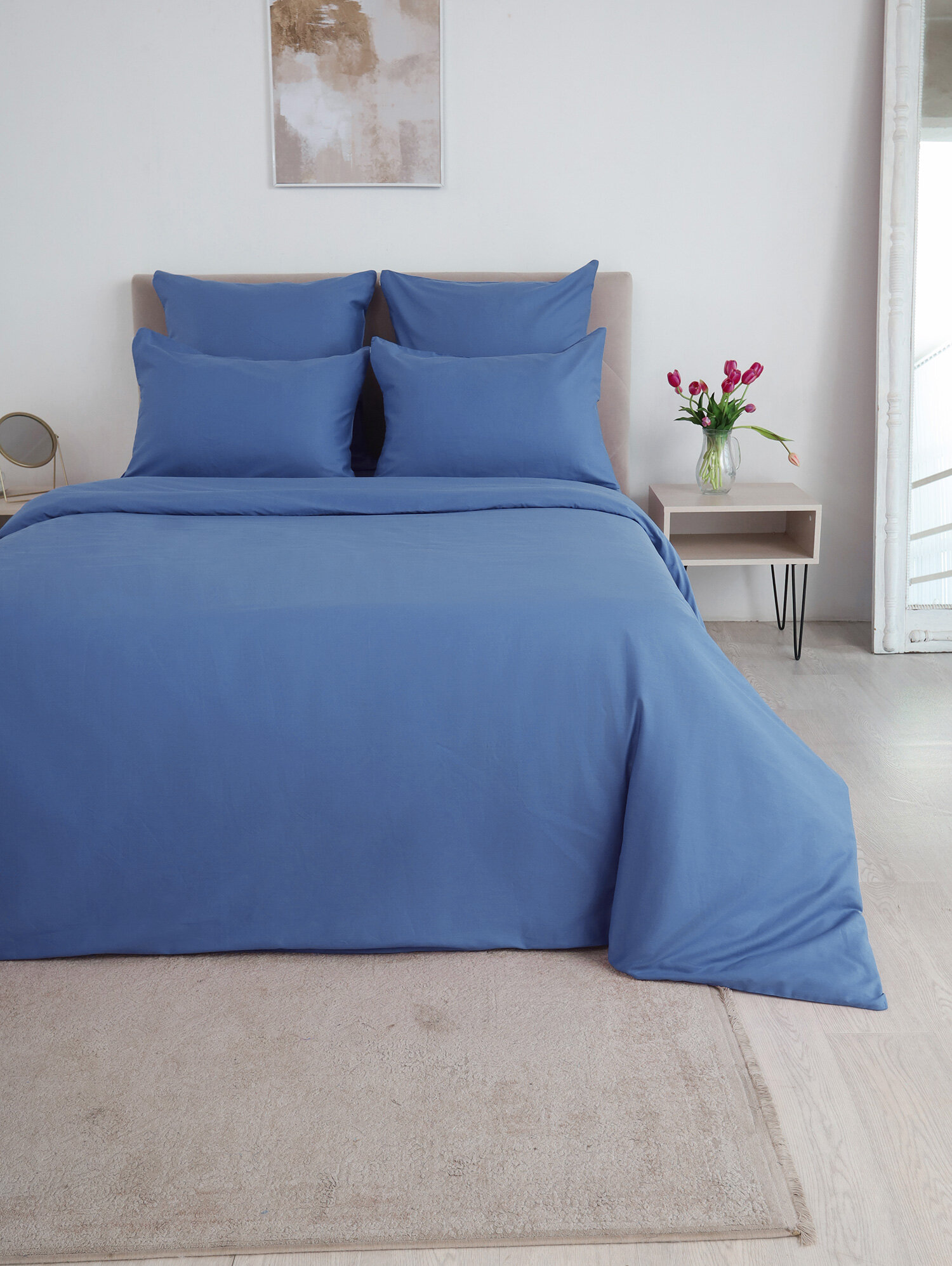 Постельное белье из сатина люкс с простыней на резинке LSO-026 Elintale (синий), Семейный (наволочки 50х70 и 70х70)