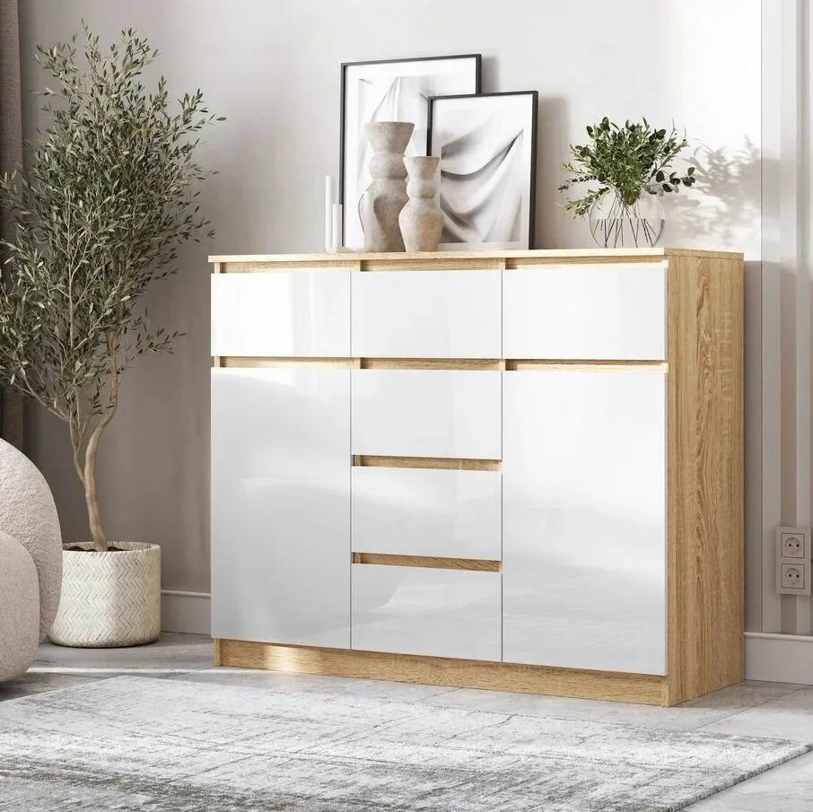 Комод Челси 1200 2 двери 6 ящиков Белый Глянец/Дуб Сонома