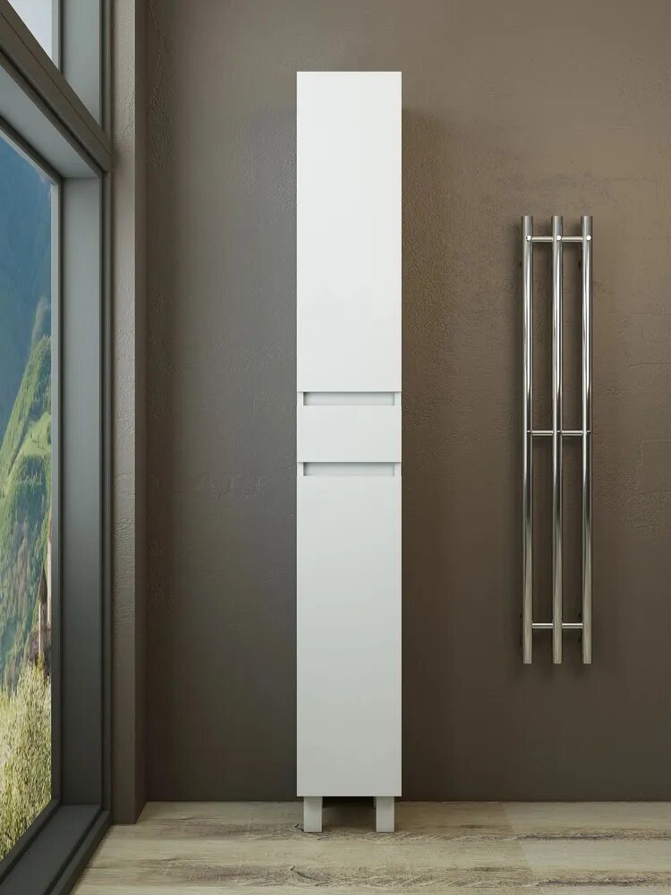 Пенал напольный EMMY Морган 26 см, Универсальный, белый, с хромированными ножками, белый, с ящиком и дверками