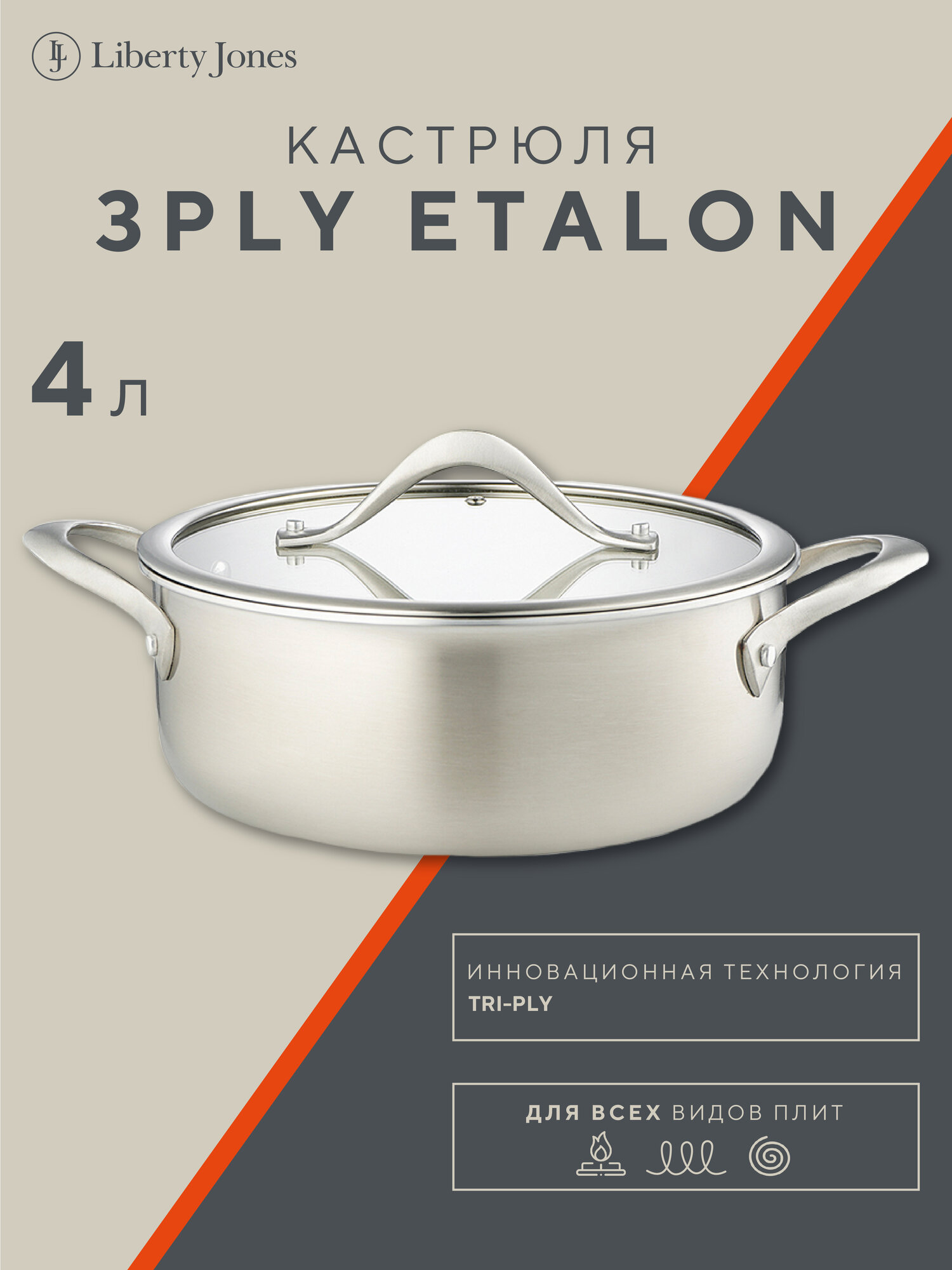Кастрюля с крышкой 3Ply Etalon 4 л из нержавеющей стали для индукционной газовой электрической плит Ø24 см Liberty Jones LJ0000228