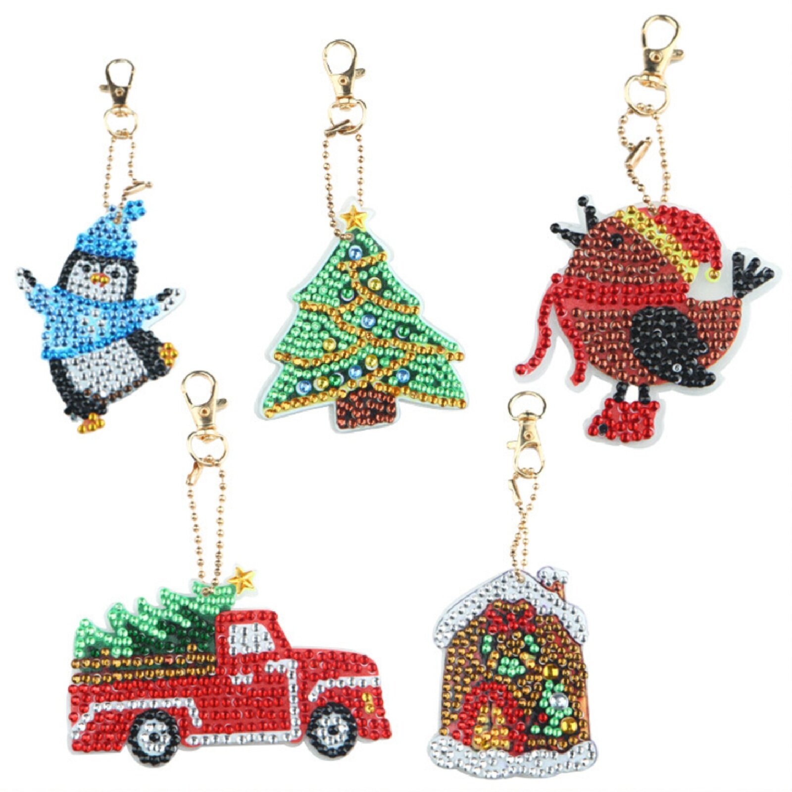 Детский ручной DIY набор для создания брелоков с алмазной росписью на Рождественскую тему, 5 штук, модели: пингвин, Рождественская елка, птица в Санта-шляпе, красная грузовик, пряниковый дом, размер пингвина 8.5см высота 6.3см ширина