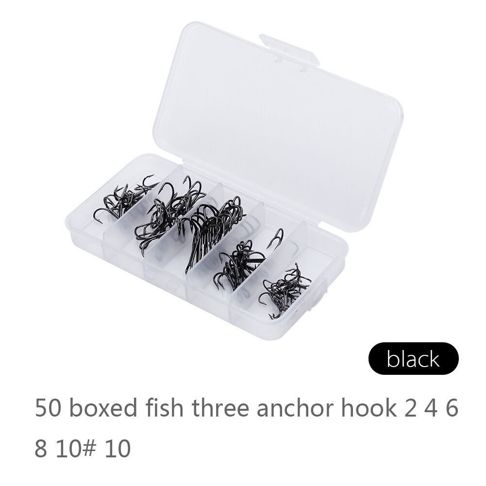50pcs/Box Fishing Hook Sharpened Treble 5 Sizes 2/4/6/8/10 Fishhook Tackle Black