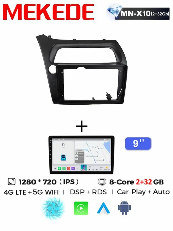 Магнитола 9" Mekede MN X10 Pro 2/32 Gb Honda Civic 8 FK FN FD 2005-2012 хэтчбек (старая проводка) carplay
