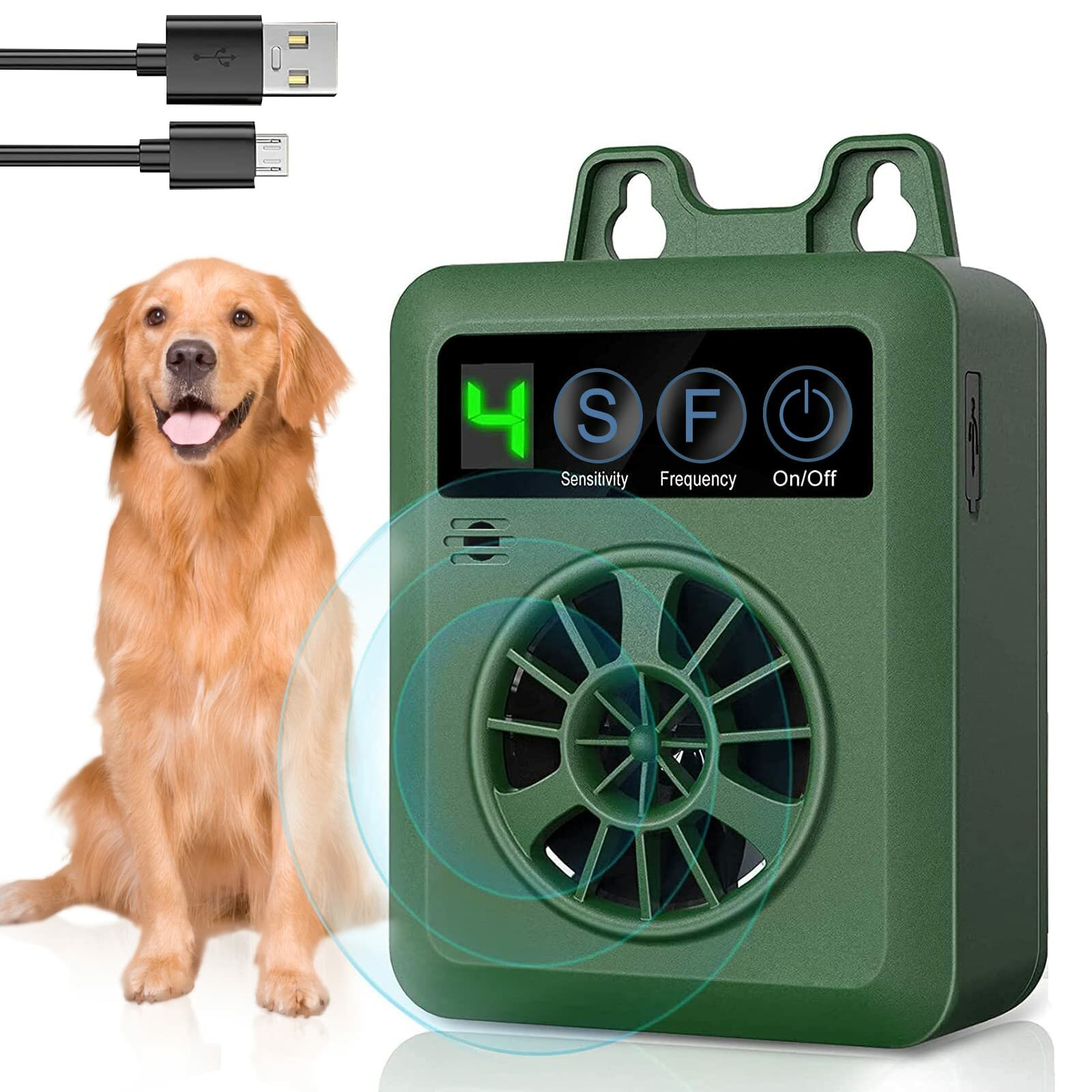 Устройство для контроля лая собак Anti Bark Control Device с регулируемым ультразвуковым уровнем, заряжаемое, водонепроницаемое, для использования на открытом воздухе, IP4, 3.7V 1500mAh, датчик звукового обнаружения до 50 футов, USB, 40mAh, в комплект