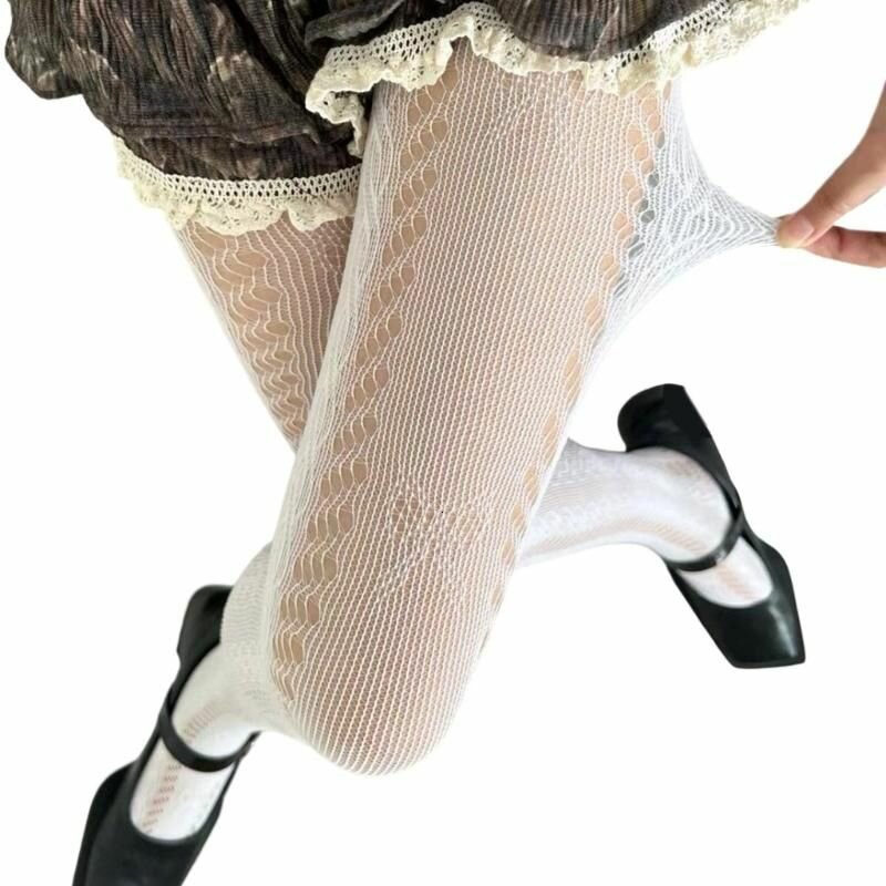 Кружевные колготки с закручивающимся бантиком, чулки-Белый