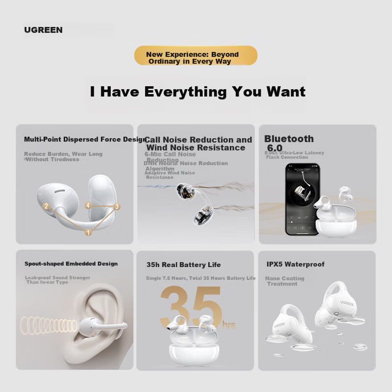 Беспроводные наушники UGREEN S8 с костной проводимостью и шумоподавлением для спорта, игр и ИИ-перевода Цвет：S8
