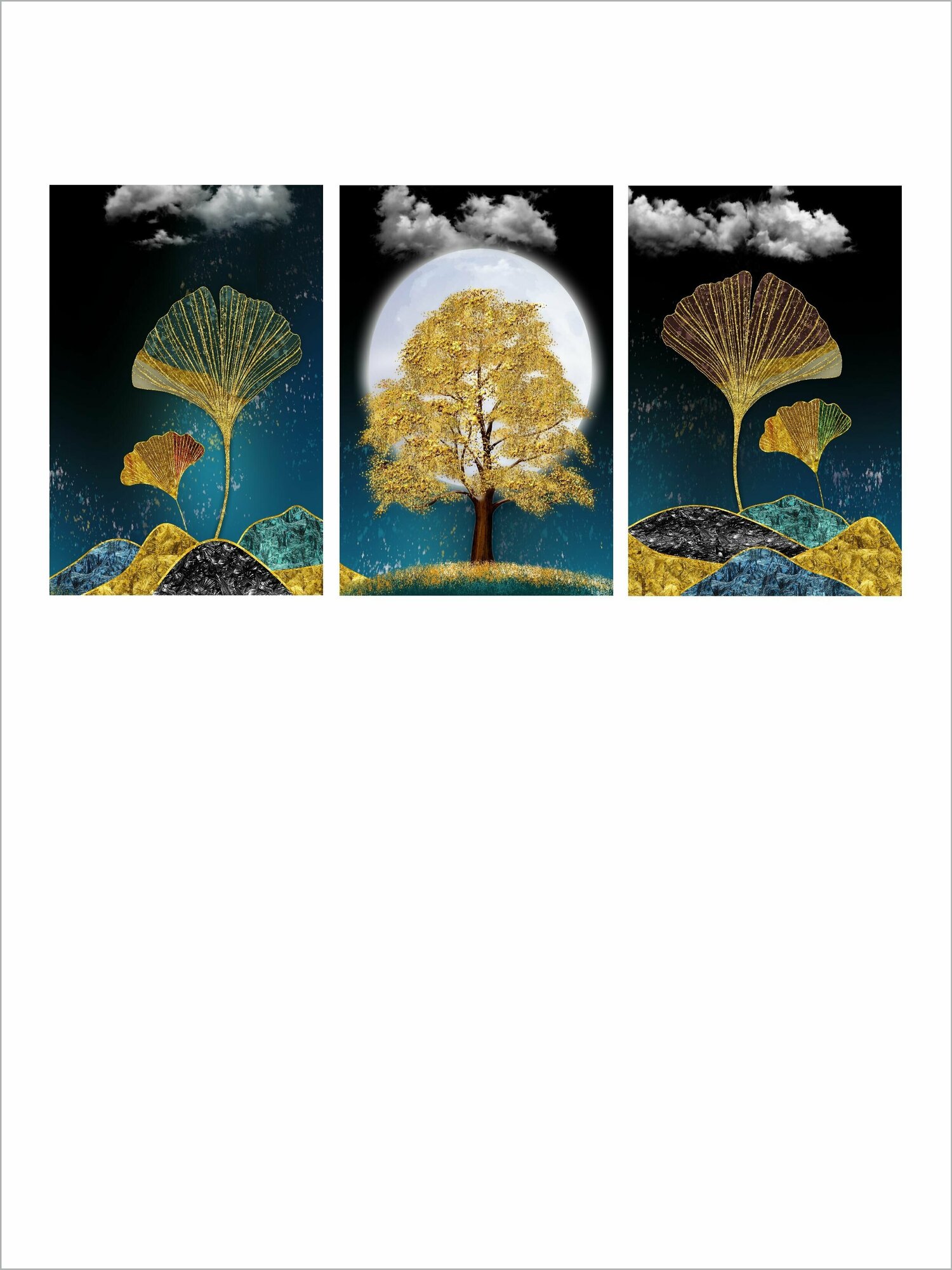 Модульная картина для интерьера на стену растения. Золотое дерево в свете луны и листья 50х75 см - 3 штуки на холсте на подрамнике