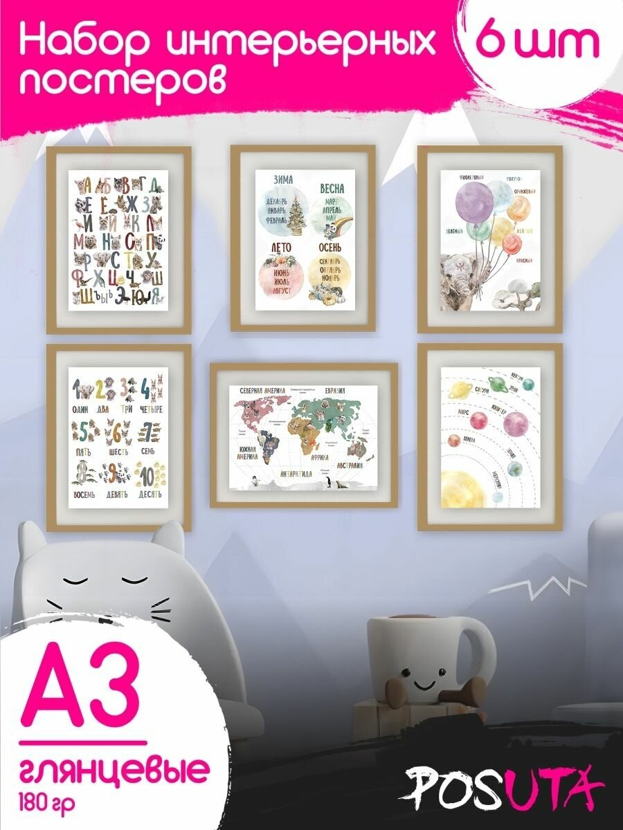 Постеры Алфавит Учим буквы и цифры Планеты Карта мира