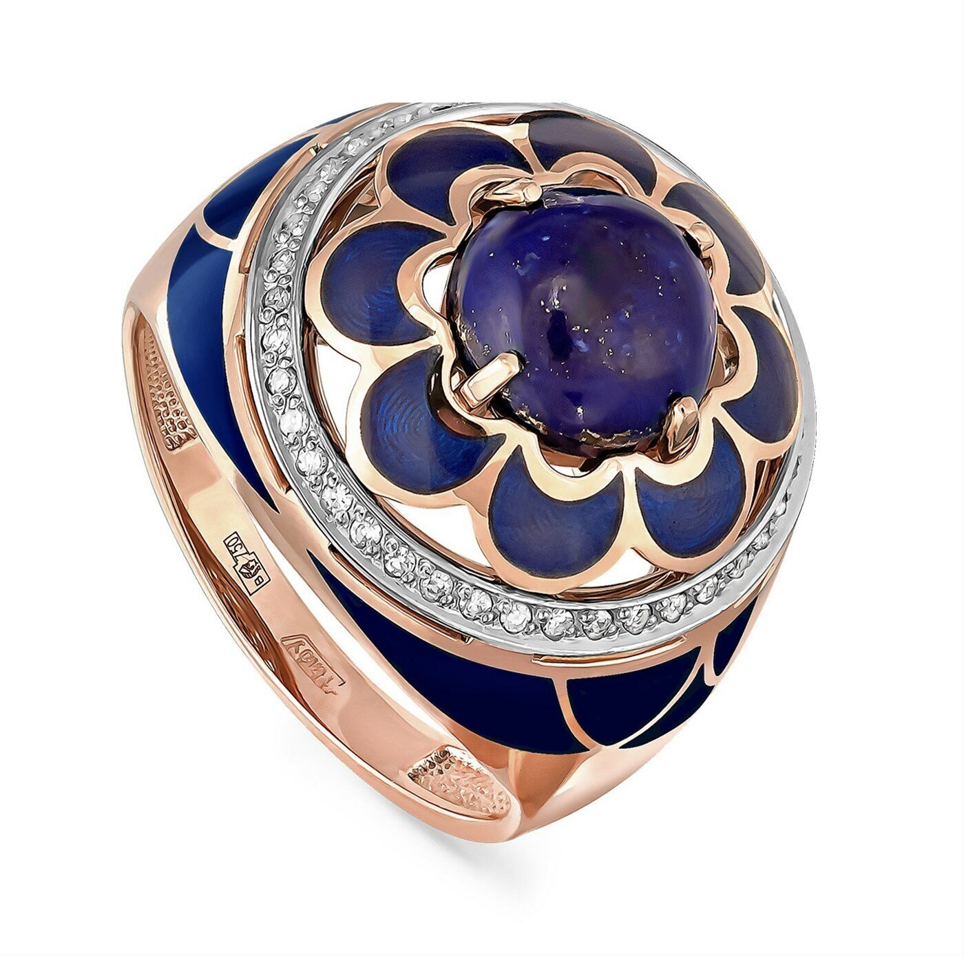 Кольцо, красное золото, 585 проба, бриллиант, лазурит