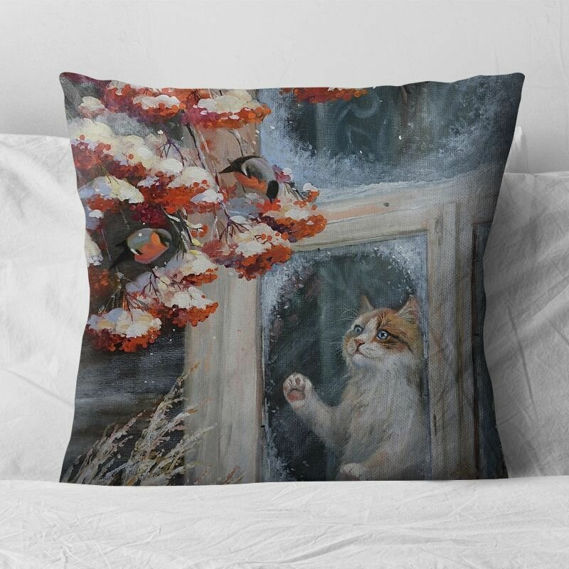 Подушка декоративная Котенок и рябина 40х40 Твил Новый год