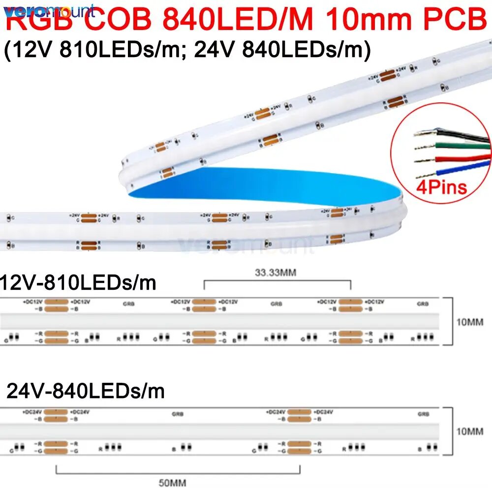 Veromount RGB COB светодиодная лента 5м RGB 840LEDs 10mm, 24V DC