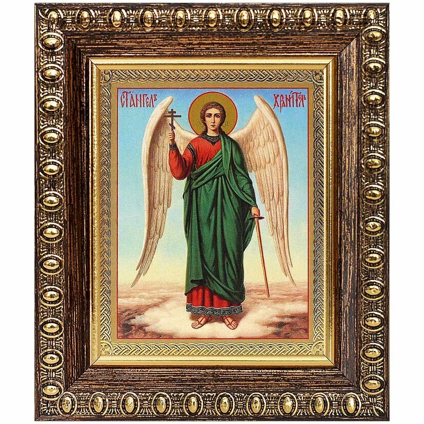 Ангел Хранитель (лик № 072), икона в темной пластиковой рамке 8,5*10 см