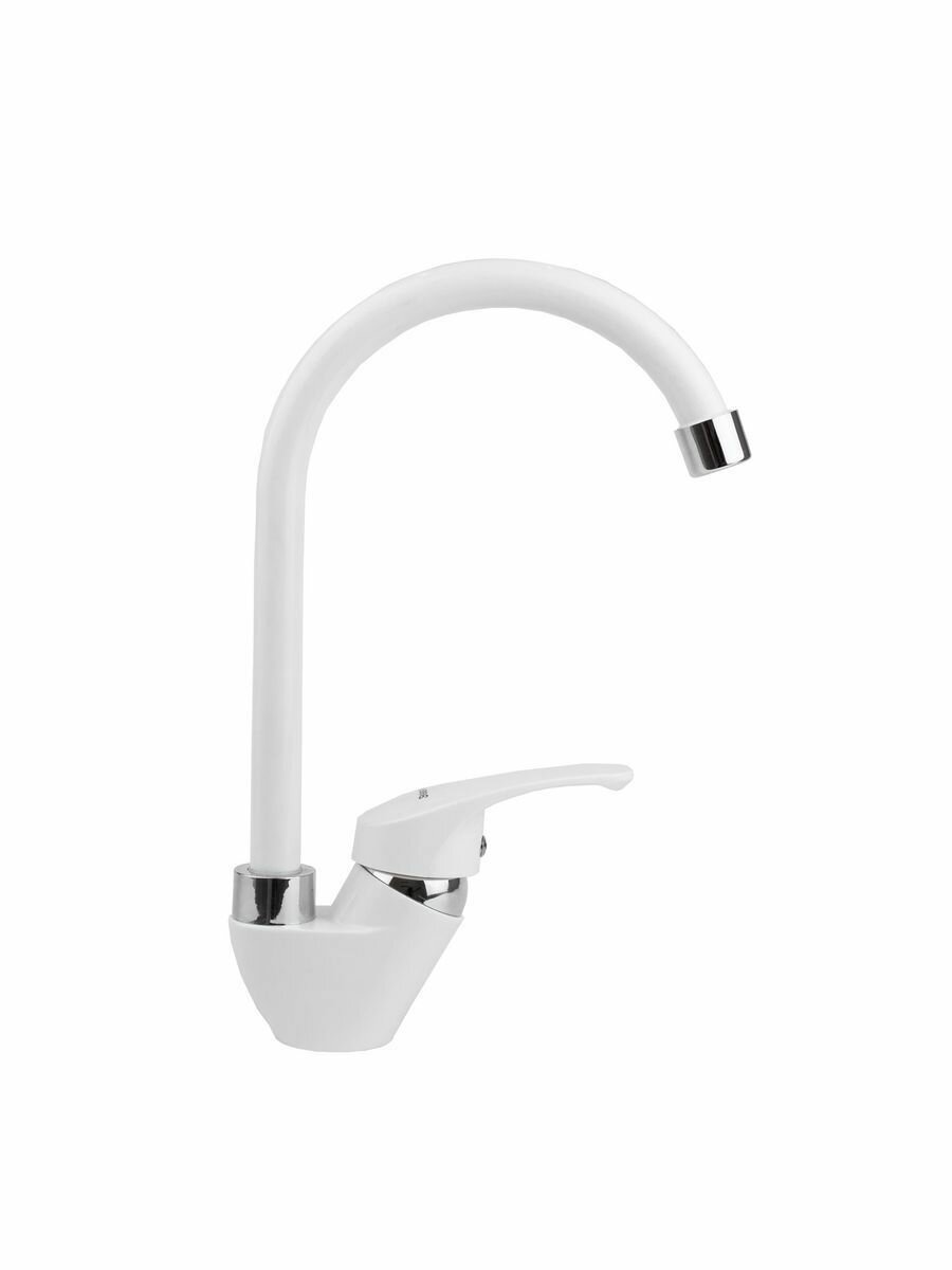 Смеситель для кухни с пластиковый с высоким изливом, белый, эверест