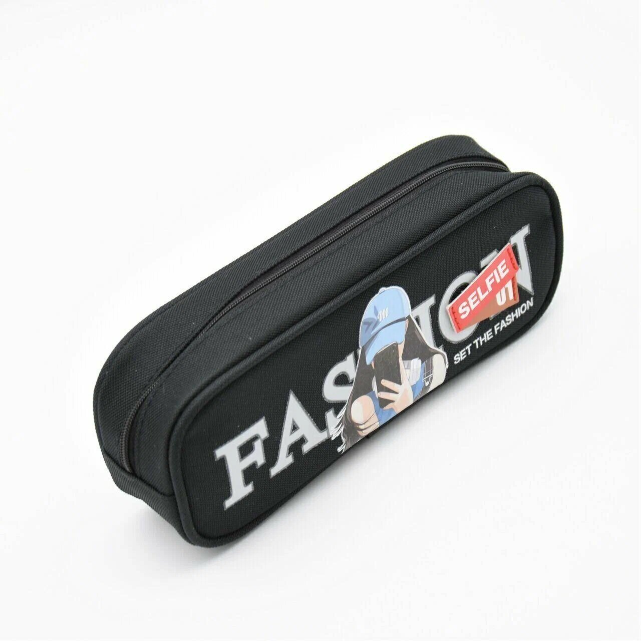 Пенал "Selfie", овальный, на молнии, для школы, текстиль, черный, 22x9x6 см
