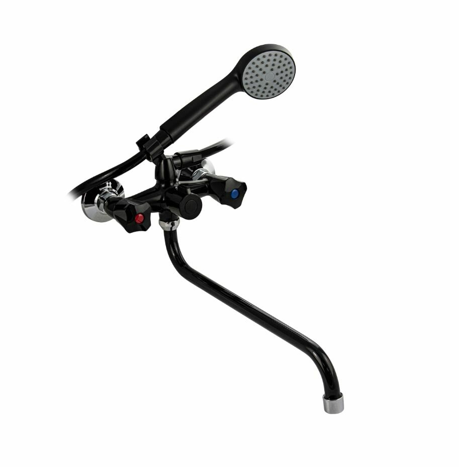 Смеситель для ванны, с длинным круглым изливом, металлокерамика, с шаровым переключением, круглые ручки, из высокопрочного АБС пластика, цвет черный.