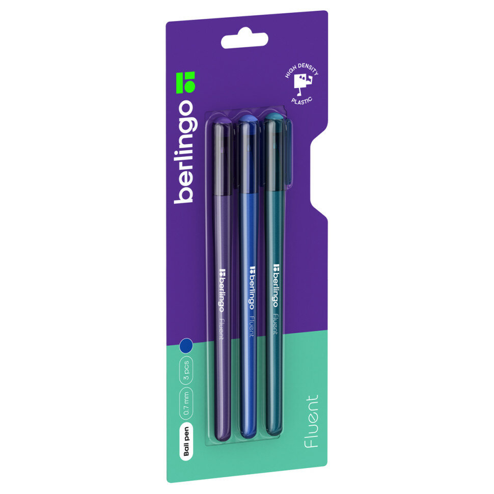Ручка шариковая Berlingo "Fluent" синяя, 0,7мм, металлопласт, soft touch, 3шт, блистер, 371299