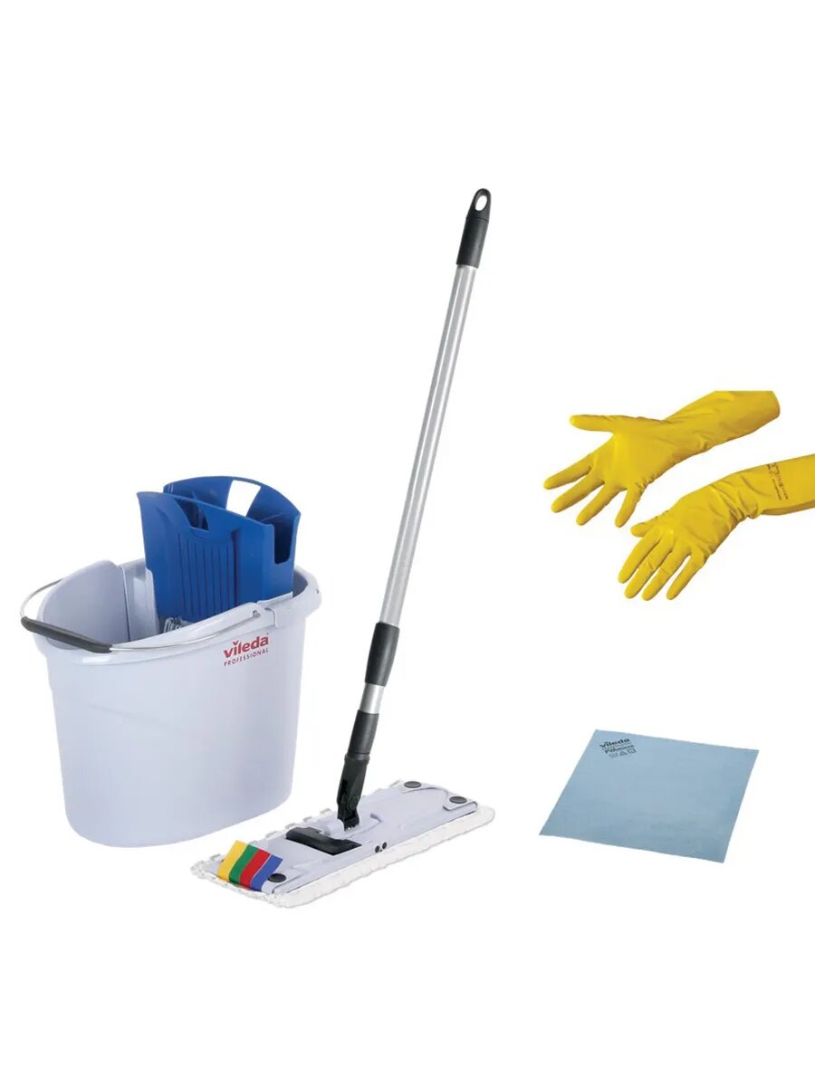 Комплект для уборки: швабра, ведро 10 л с плоским отжимом, салфетки, перчатки