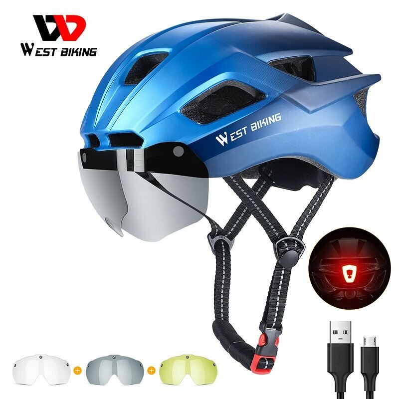 Велошлем West Biking с задним фонарём + 3 визора в комплекте