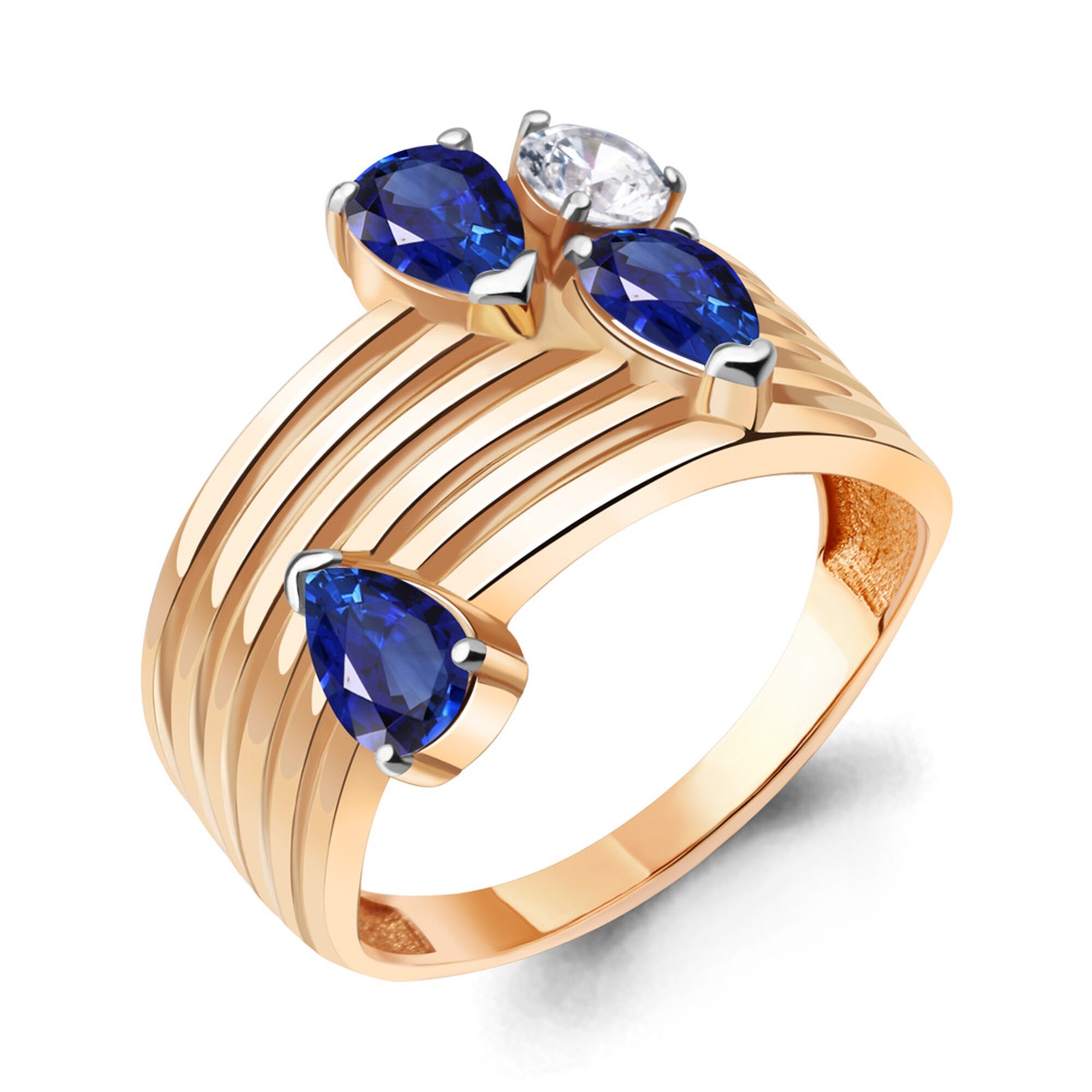 Кольцо широкое, серебро, 925 проба, золочение, фианит, сапфир синтетический