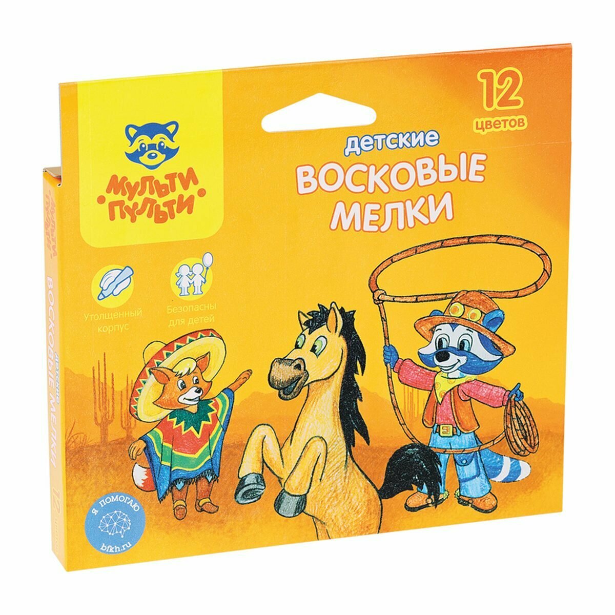 Мелки восковые 12 цветов Мульти-Пульти "Енот в Мексике" (L=100мм, D=10мм, круглые, утолщенные) картонная упаковка (BC_10447), 72 уп.