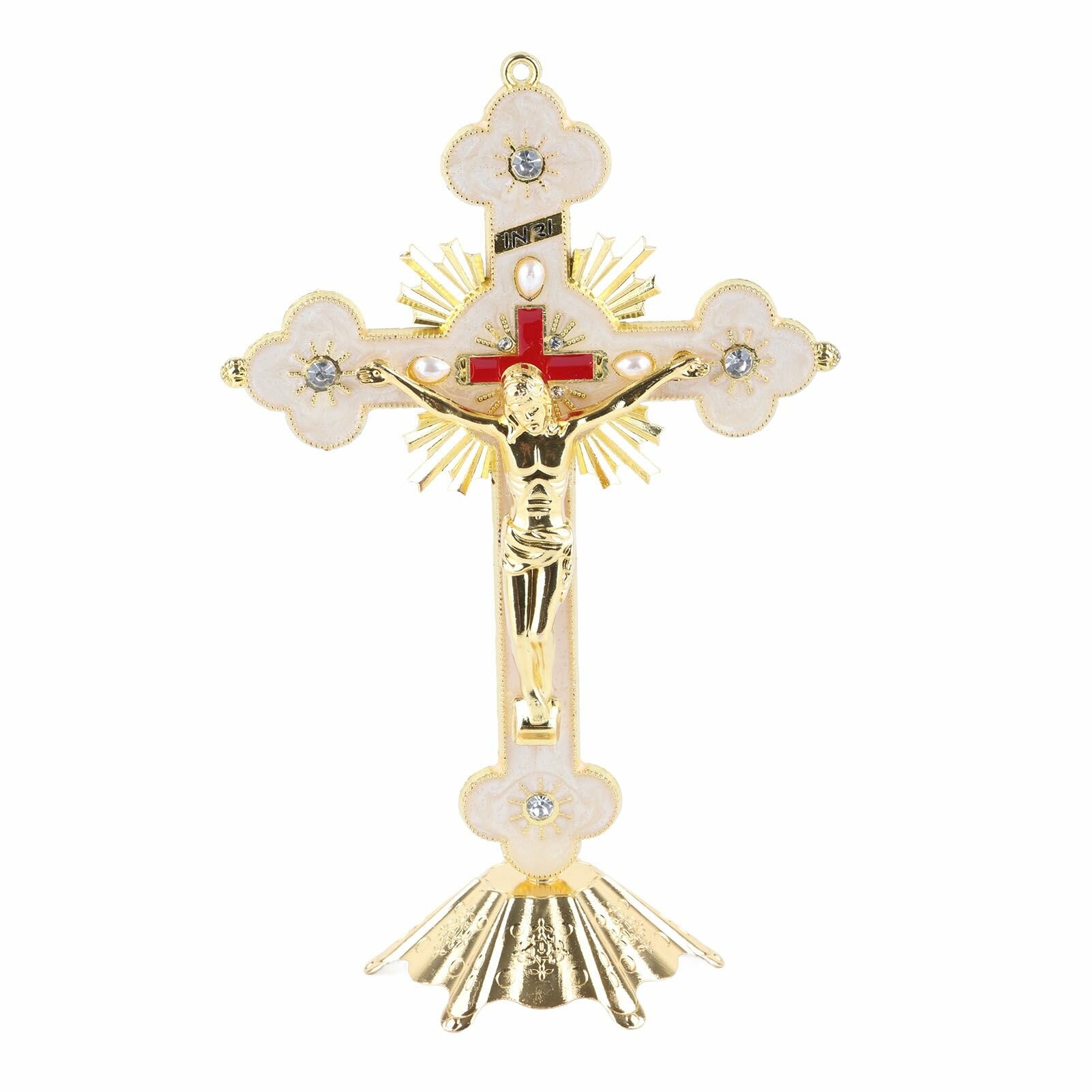 Металлический стоячий крест, красный горный хрусталь, украшение, изысканное ретро-элегантное стоячее распятие с подставкой для христианских домов