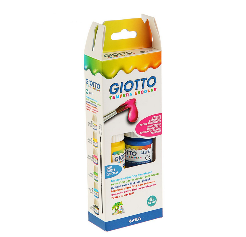 Гуашь для детей GIOTTO PAINT POT, 6цв. по 25мл + кисть