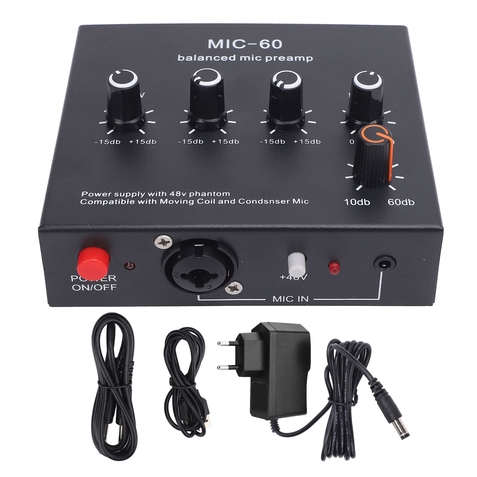Микрофонный предусилитель, усилитель звука, 3 входа, усиление 60 дБ, фантомное питание 48 В, динамический микрофонный предусилитель для домашней записи, потокового вещания, вилка ЕС