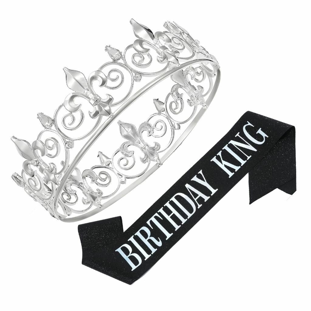 Мужская корона и лента на день рождения, черный серебристый