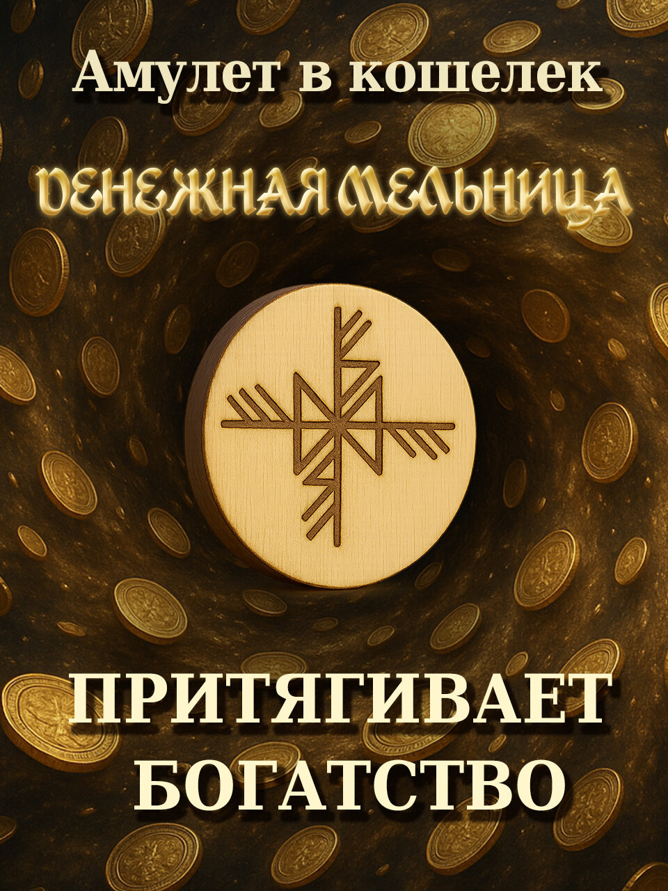 Кошельковый талисман Денежная мельница - руническая монета на привлечение денег и удачи, символ достатка и прибыльных возможностей, амулет для кошелька