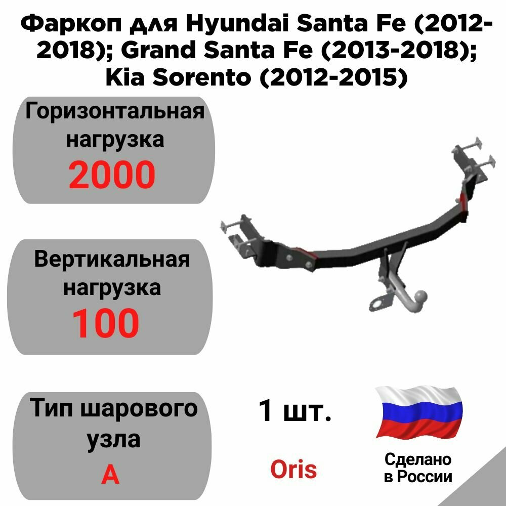 Фаркоп для Hyundai Santa Fe (2012-2018); Grand Santa Fe (2013-2018); Kia Sorento (2012-2015) "Oris" 4258A