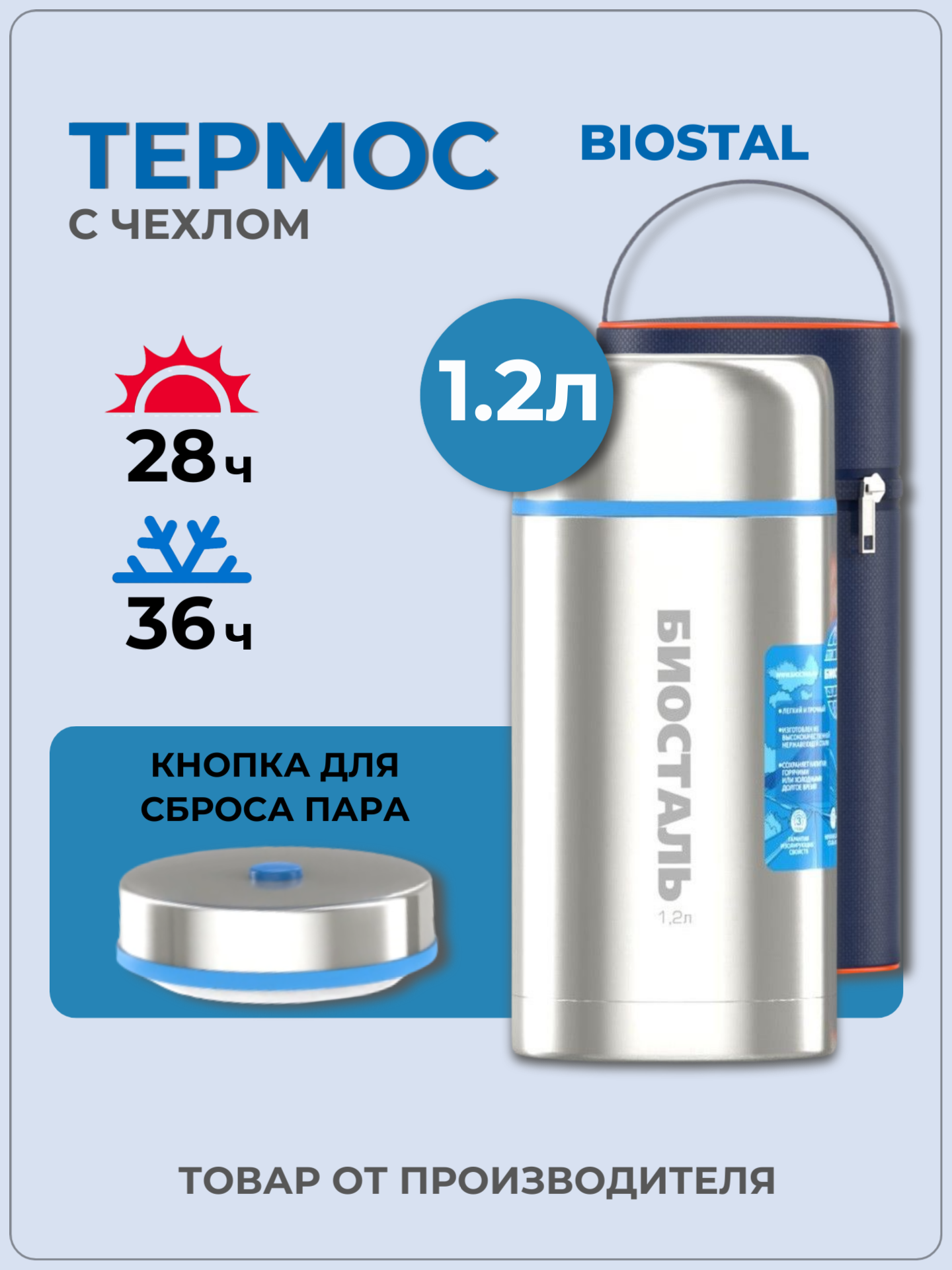 Термос для еды 1.2 литра, стальной, с термочехлом (1200 мл.)