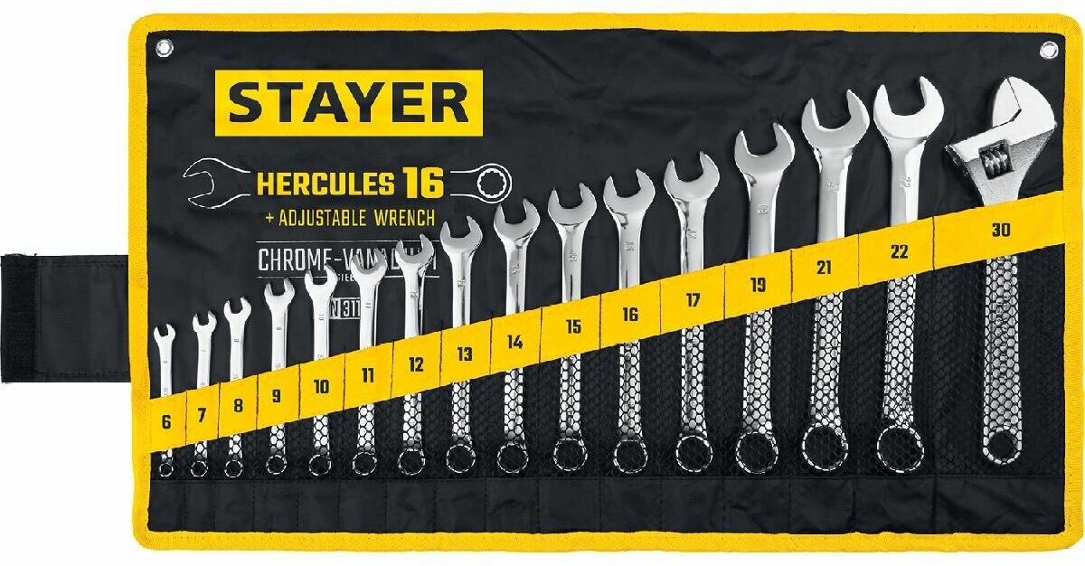 Набор комбинированных и разводных гаечных ключей STAYER HERCULES 16 шт 6-30 мм Cr-V сталь хромированное покрытие нейлоновый чехол