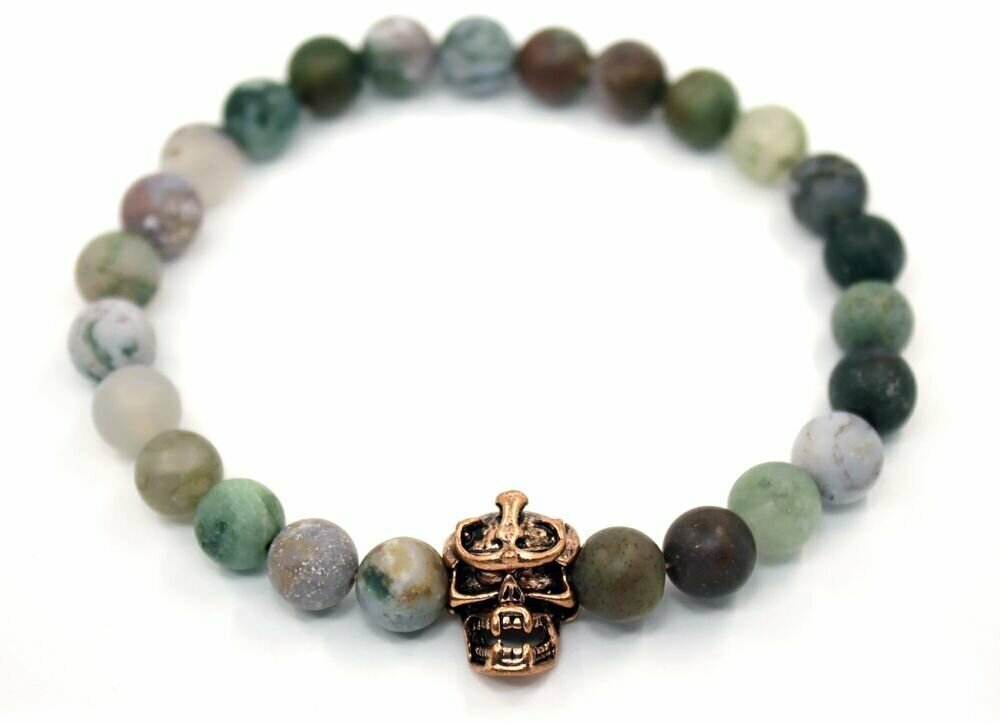 Браслет из матового индийского агата 8мм с черепом