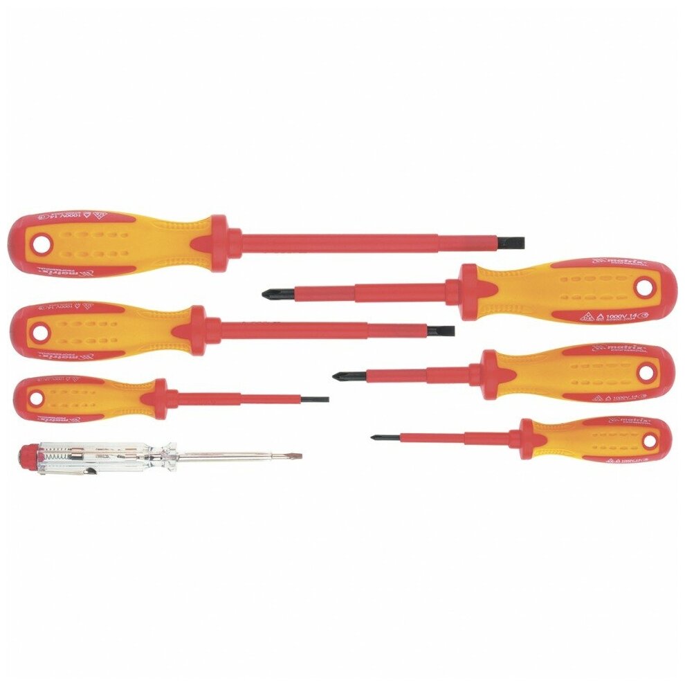 Набор отверток диэлектрических до 1000 В, тестер до 250 В, двухкомп. рукоятки, 7 предм, Matrix, арт. 13355