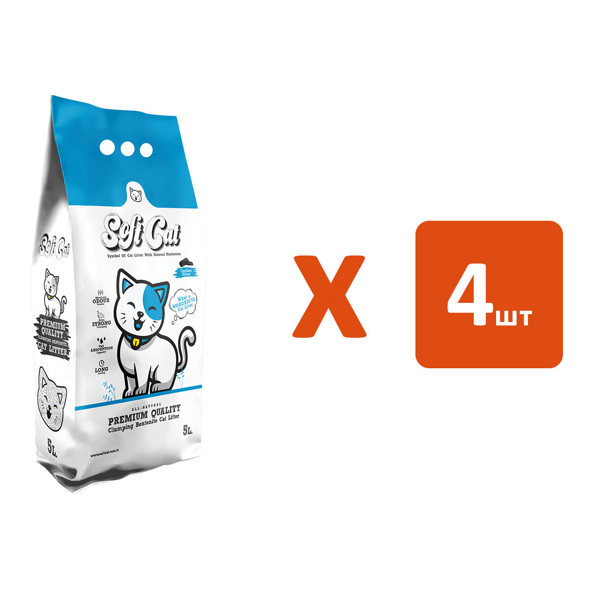 SOFT CAT CARBON EFFECT наполнитель комкующийся для туалета кошек с активированным углем (5 л х 4 шт)