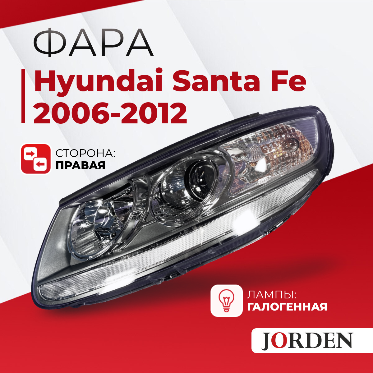 Фара Hyundai Santa Fe Хендай Санта Фе II поколения, года 2006-2012, галоген, 1 линза, 1 шт. галогенная передняя правая