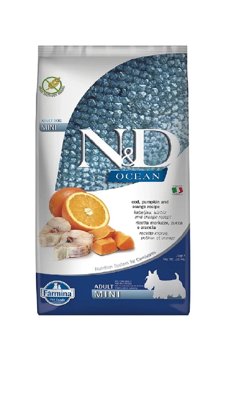 Корм сухой Farmina ND Ocean Dog Codfish Pumkin Orange Adult MINI для взрослых собак мелких пород треска тыква и апельсин 7кг