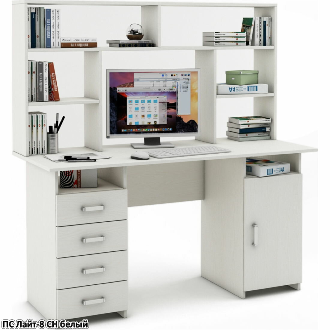 Письменный стол Лайт-8 с надстройкой Белый, ЛДСП, МФ Владимир VMF, 143,4х149,2х60 см.