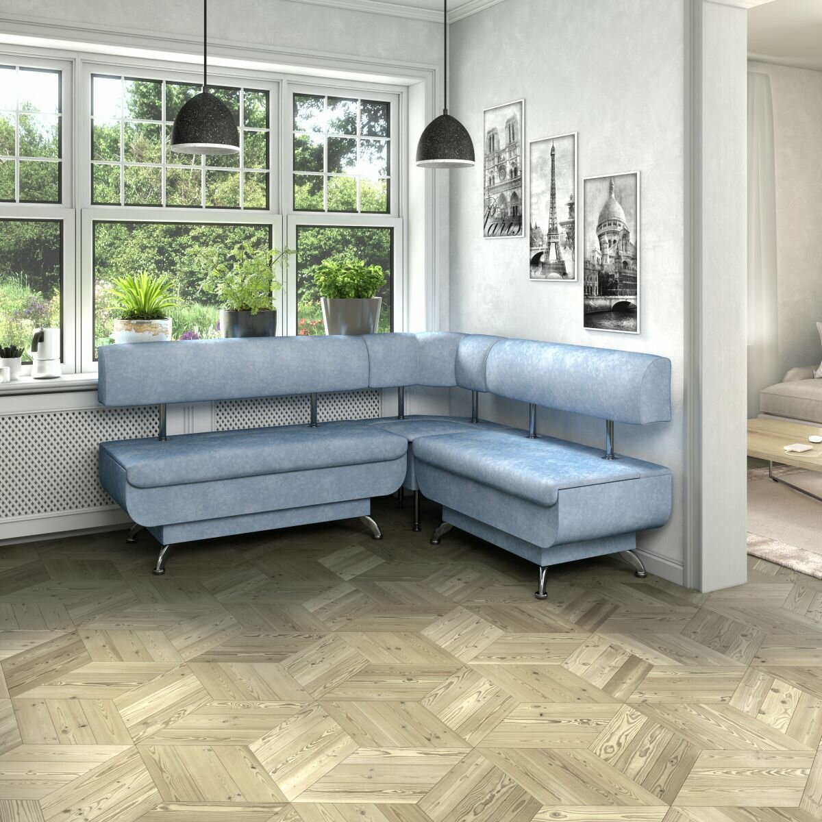 Модульный кухонный диван Валенсия (МД 1200 + МУ 500 + МД 1000 мм) велюр Лагуна (Бител)