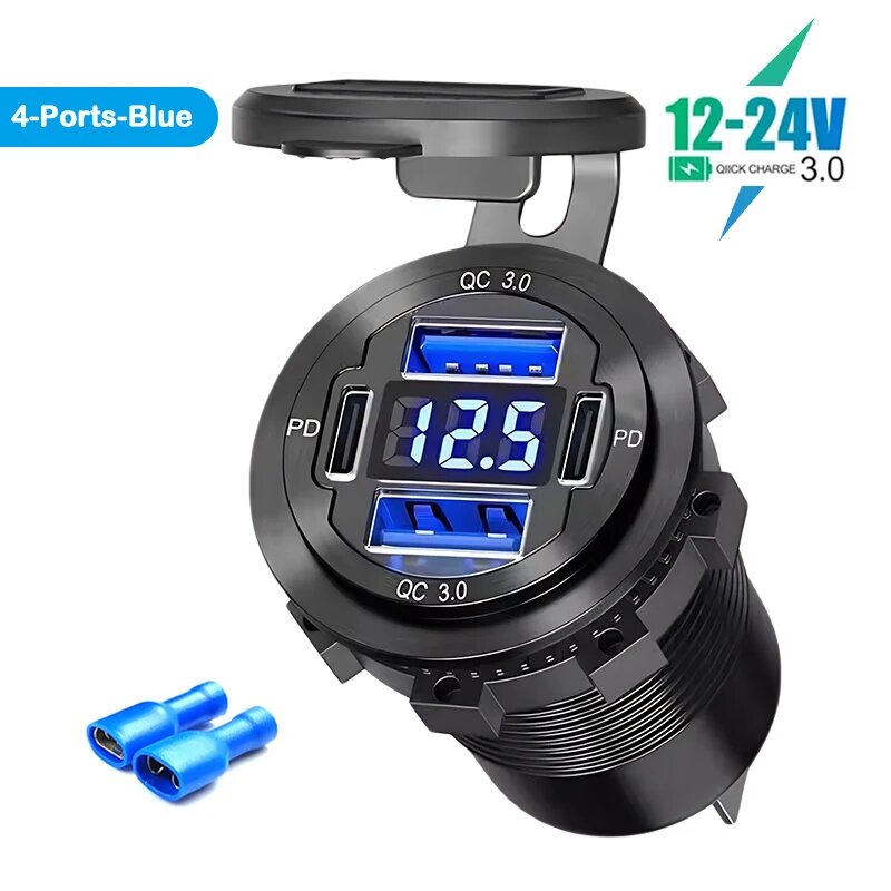 Автомобильное зарядное устройство USB C 12 В/24 В Водонепроницаемая розетка USB для 4-Ports Blue