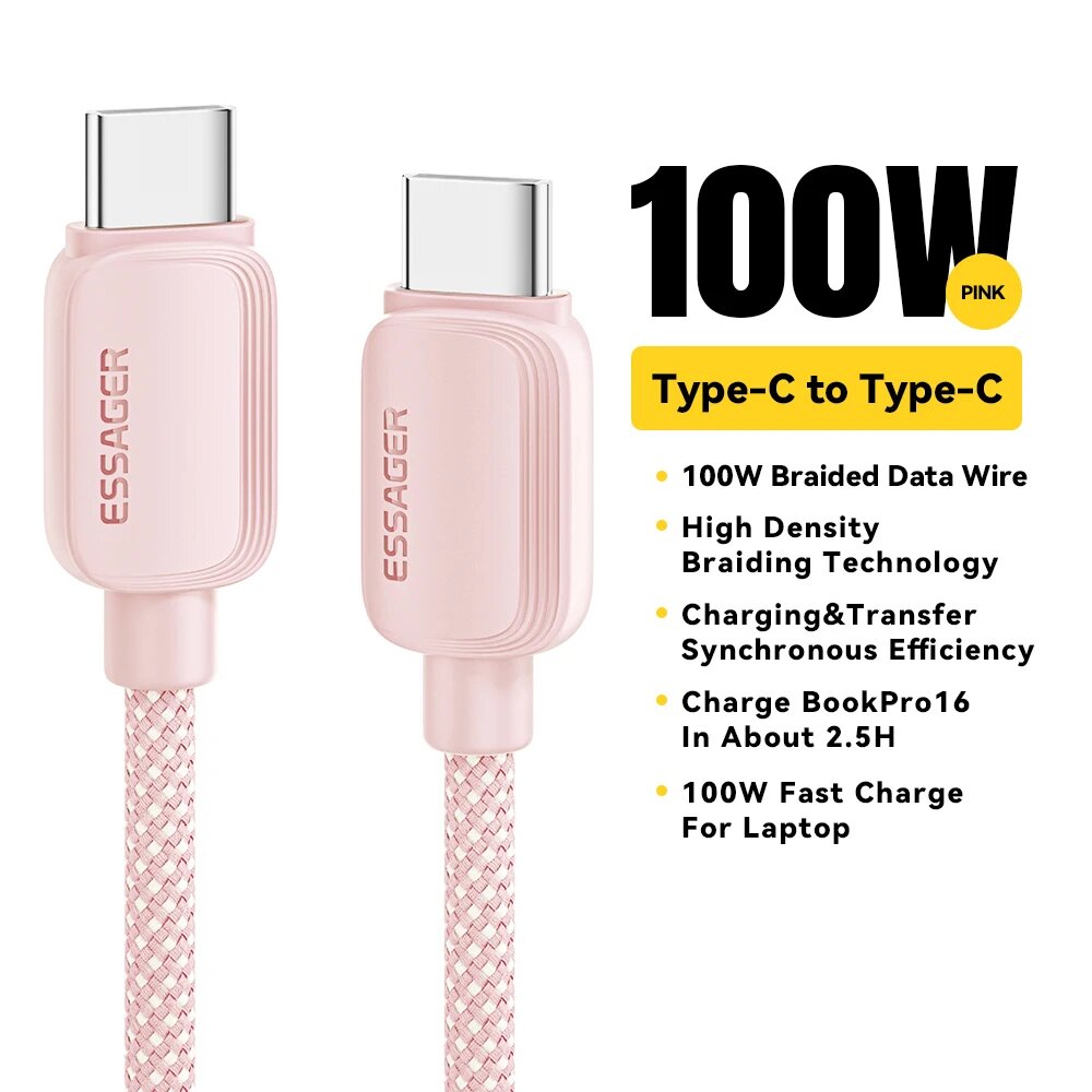 Essager 100 Вт USB Type C к USB C-кабелю 5A PD Кабель для быстрой зарядки для iPhone 15 Xiaomi Samsung Huawei Oppo One plus Macbook iPad 1 м, 100W pink